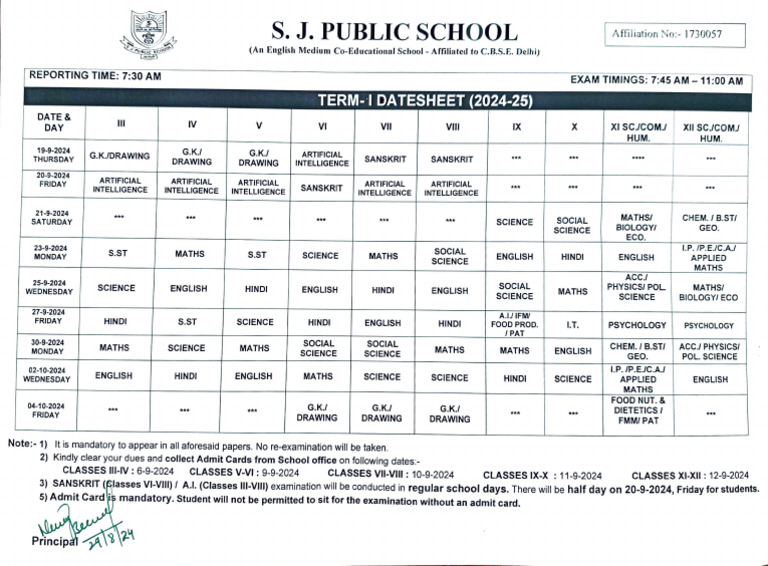 Term - I Date Sheet 2024-25 | PDF