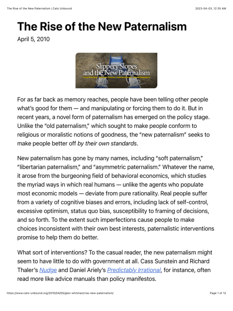 The Rise of The New Paternalism - Cato Unbound | PDF | Cost Of Living ...