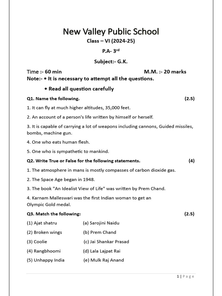 Class 6th GK 20marks | PDF