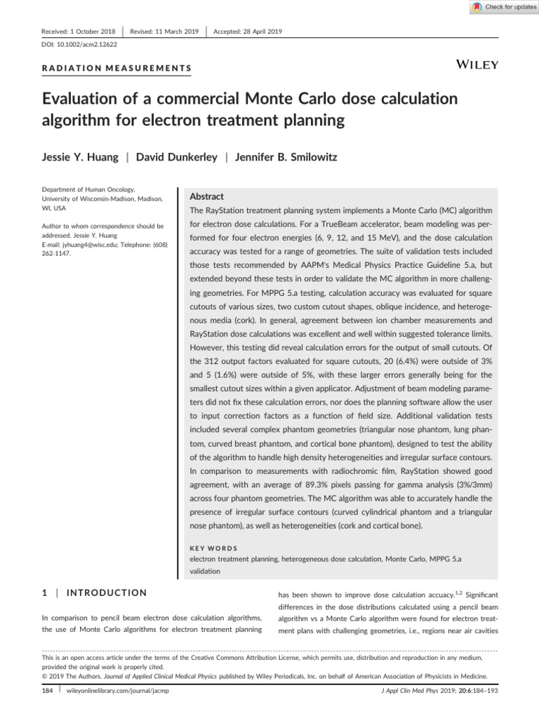 J Applied Clin Med Phys - 2019 - Huang - Evaluation of A Commercial Monte Carlo Dose Calculation ...