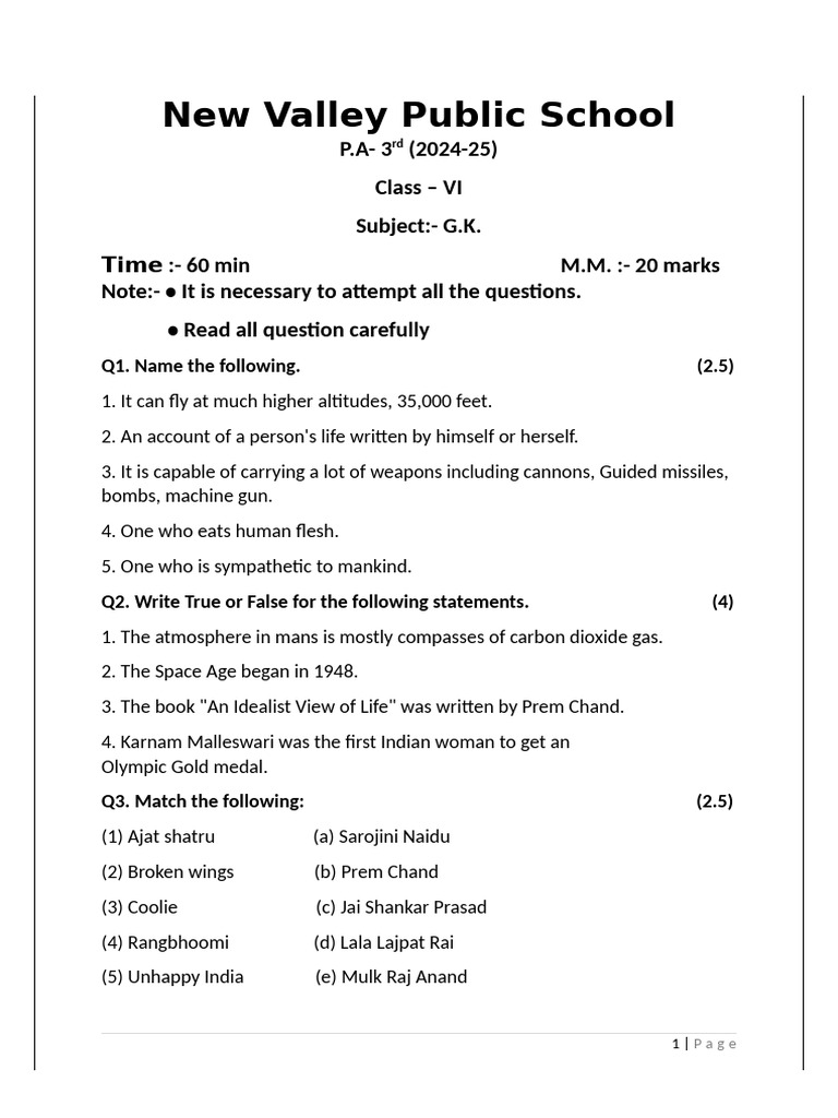 New Valley Public School GK Quiz Class 7th New | PDF