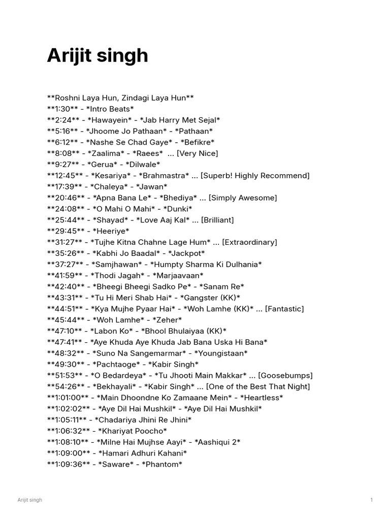 Arijit Singh Song List with Comments | PDF | Cinema Of India