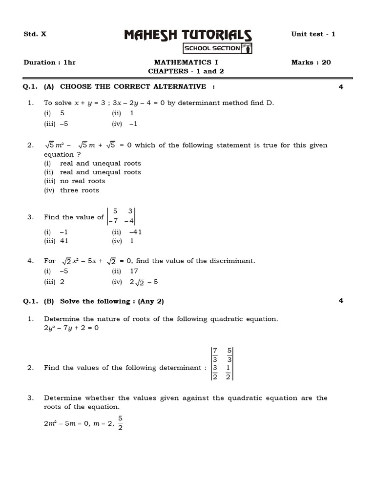 Mathematics Unit Test: Quadratic Equations | PDF | Equations ...