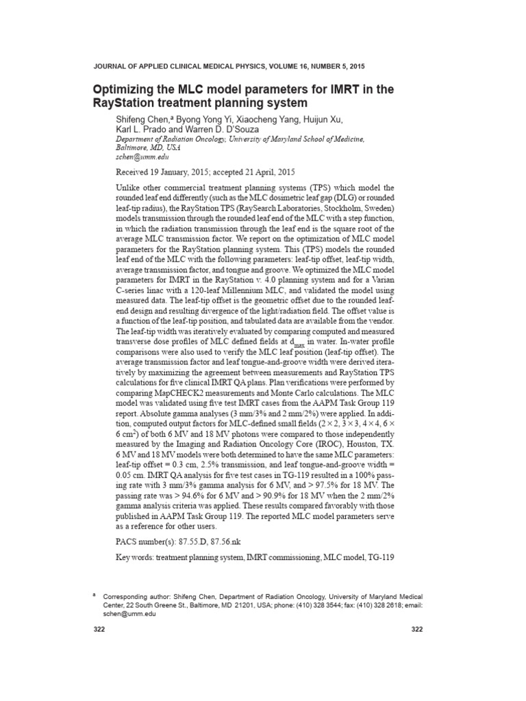 Optimizing The MLC Model Parameters For IMRT in The RayStation Treatment Planning | PDF ...