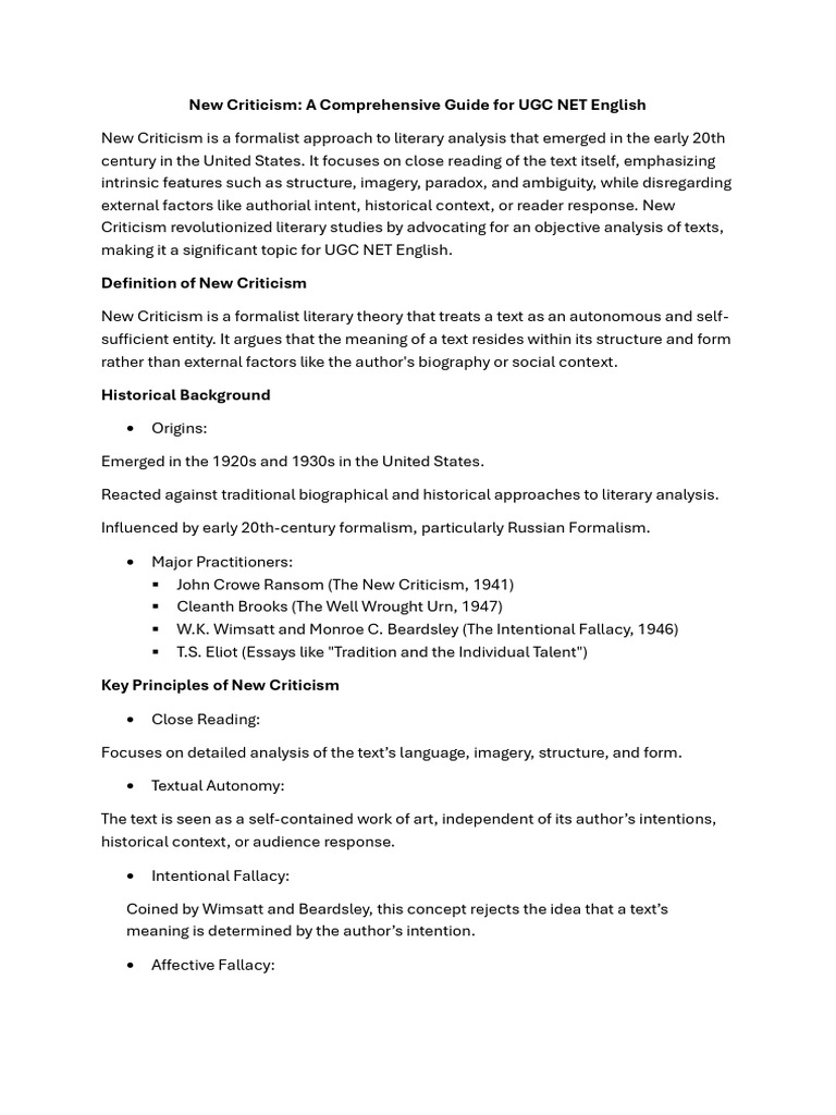 New Criticism A Comprehensive Guide For UGC NET Englis | PDF ...