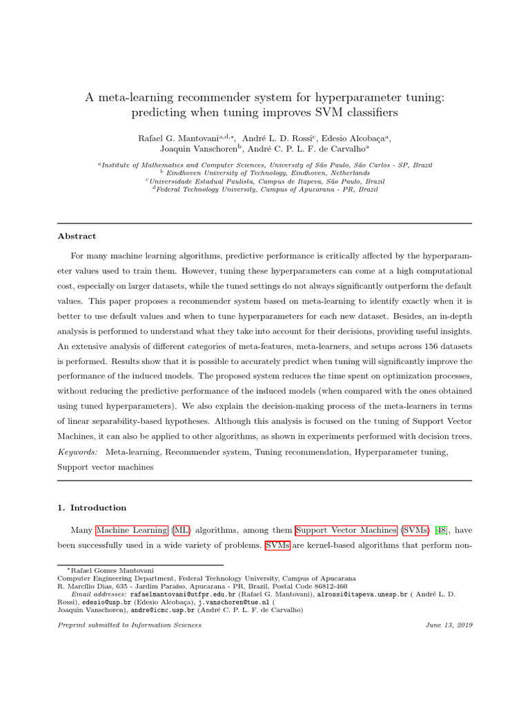 Meta-Learning for SVM Hyperparameter Tuning | PDF | Support Vector ...