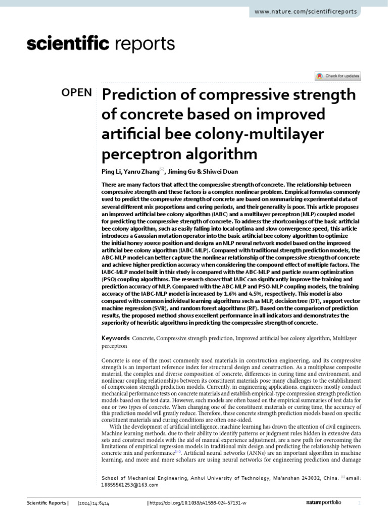 Prediction of Compressive Strength of Concrete Based On Improved Artificial Bee Colony ...