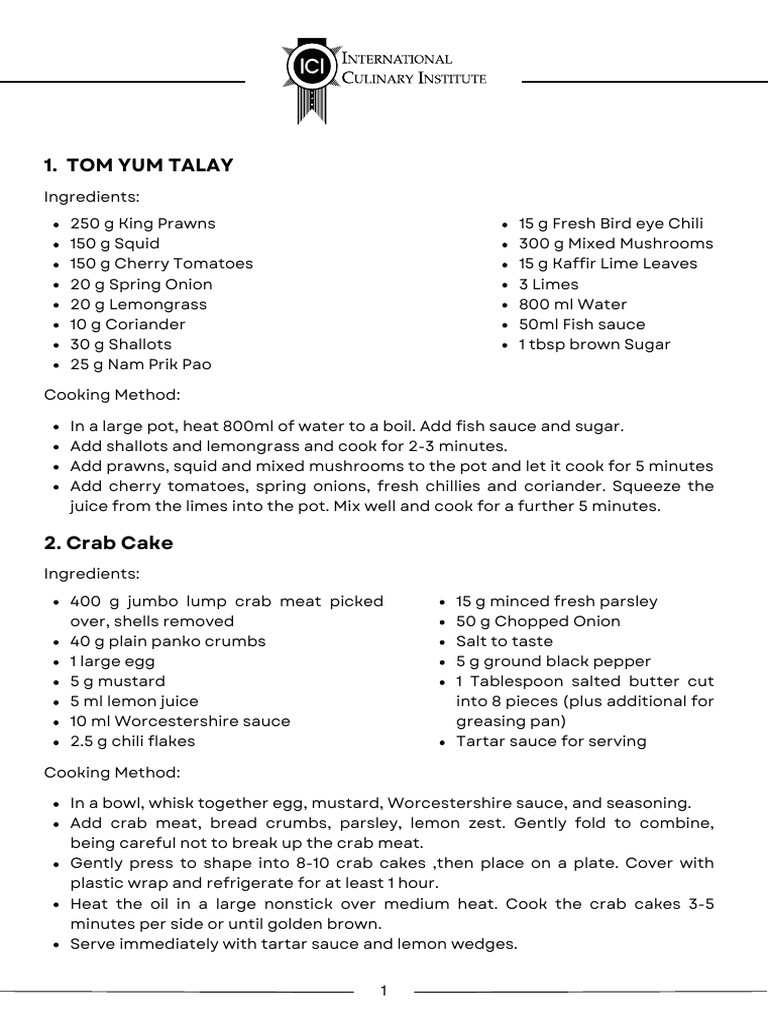Seafood Course 1st Day Recipe Sheet | PDF | Sauce | Curry