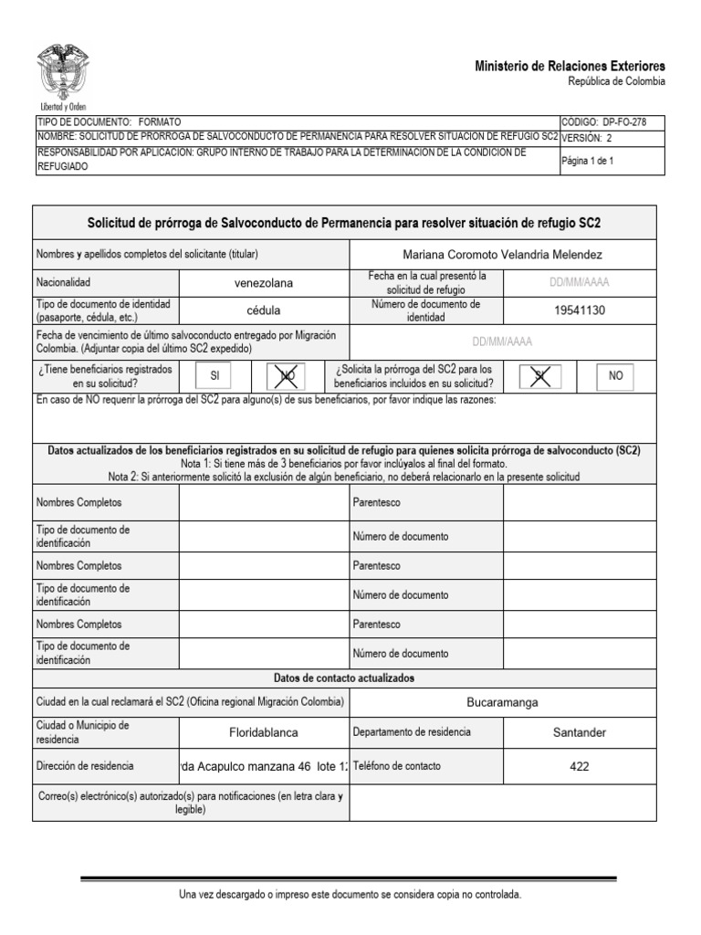 Form - Dp-Fo-278 Solicitud de Prórroga de Salvoconducto de Permanencia ...