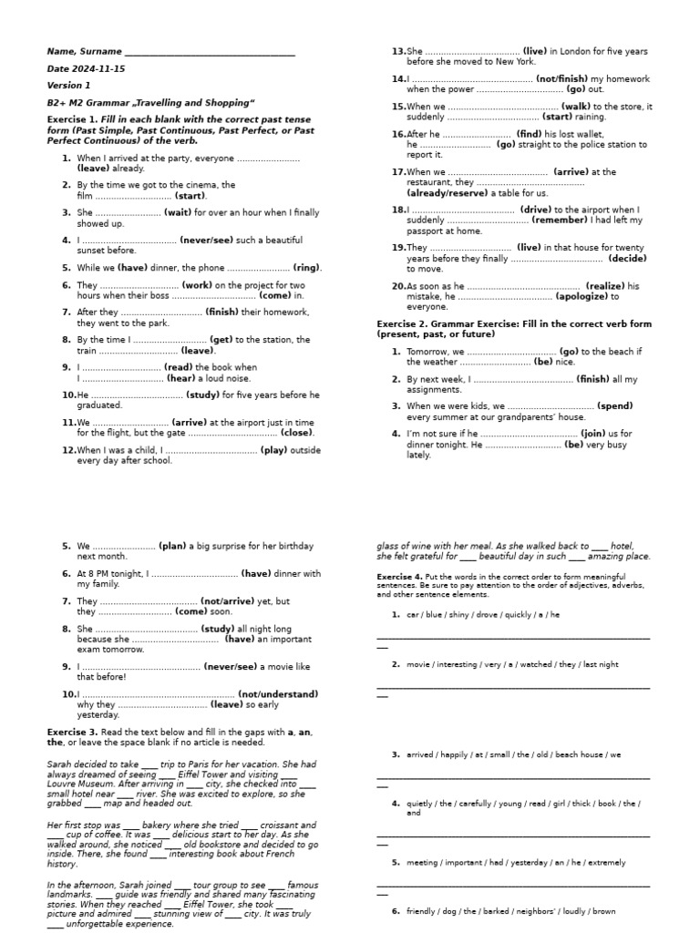 Version 1 B2+ Grammar Test | PDF