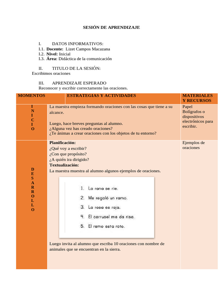 Sesión de Aprendizaje - Oraciones | PDF