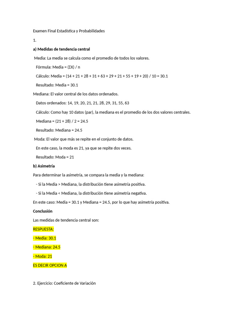 Examen Final Estadística y Probabilidades - Becerra | PDF | Media | Mediana