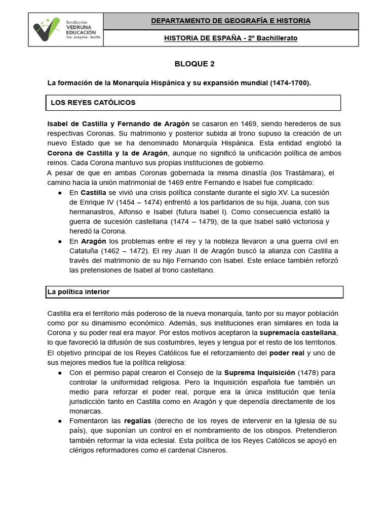 Bloque 2 - La Formación de La Monarquía Hispánica y Su Expansión Mundial (1474-1700) . | PDF ...