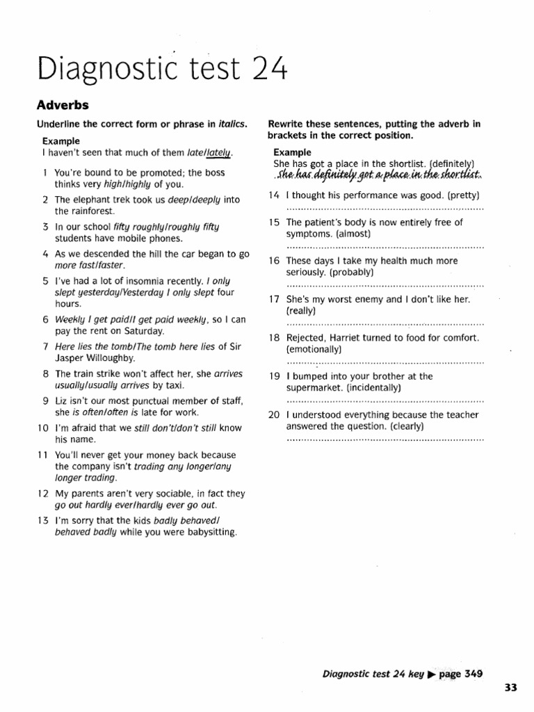 Diagnostic Test 24 Adverbs | PDF