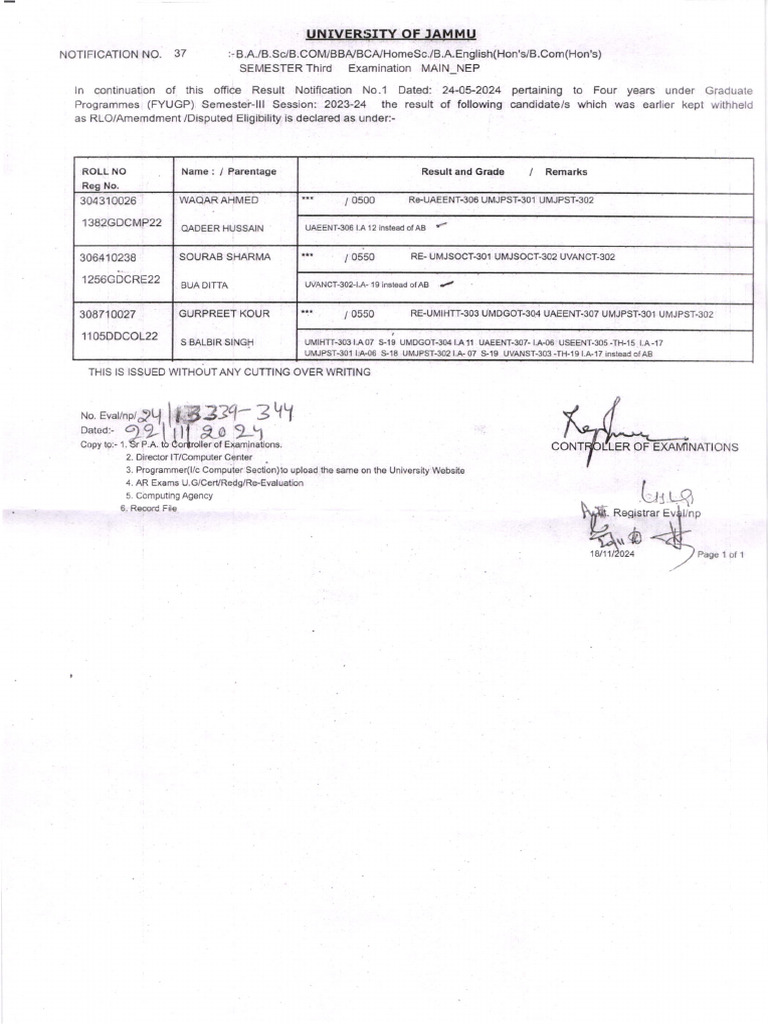 LAMUU Semester III Result Notification | PDF