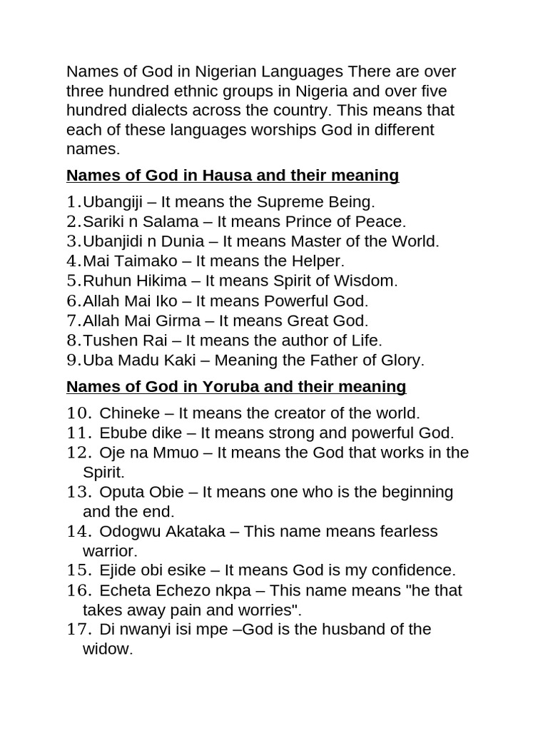 Names of God in Nigerian Languages Sunday | PDF | Religious Belief And Doctrine | Nigeria