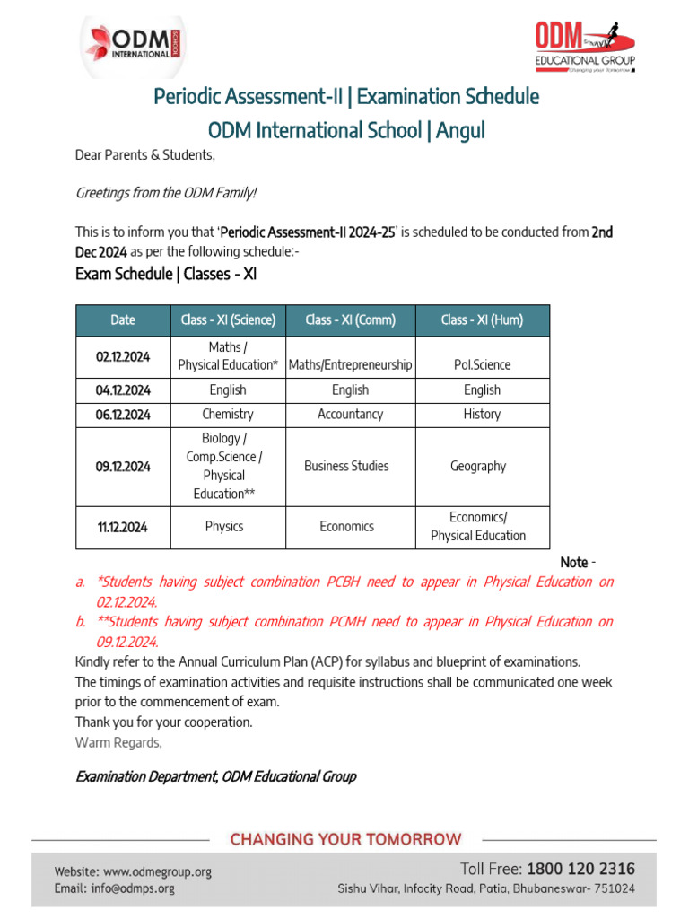 OIS-ANG XI - Revised Exam Schedule PA-II | PDF