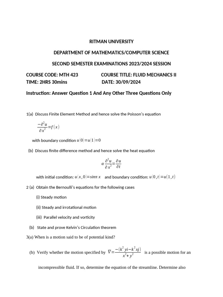 Ritman MTH 423 Fluid Mechanics II 2023 2024 | PDF | Fluid Dynamics ...