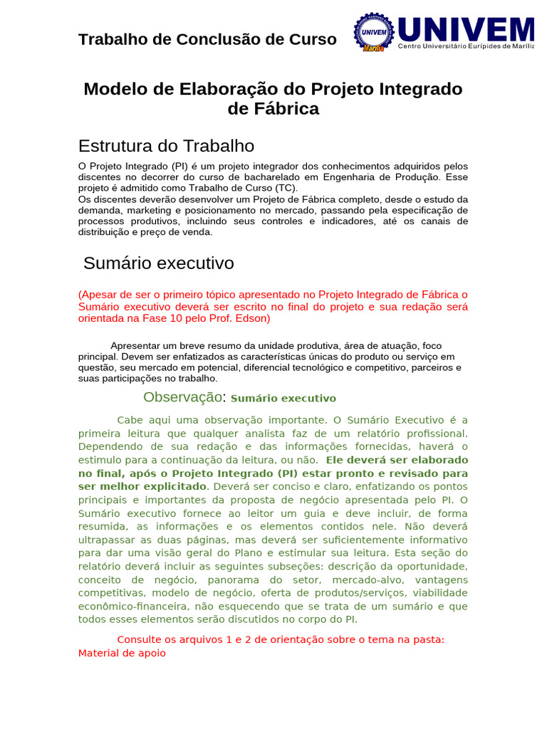 2 - Modelo Projeto Integrado de Fábrica Atualizada 2024 | PDF | Mercado ...