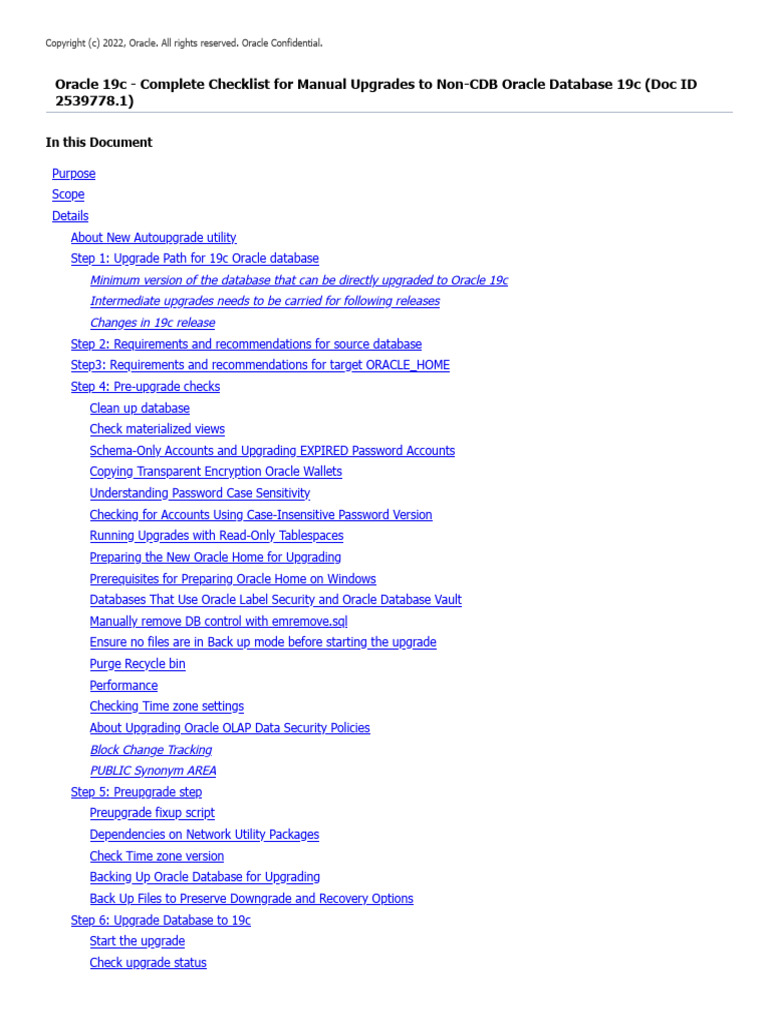 Oracle 19c - Complete Checklist For Manual Upgrades To Non-CDB Oracle Database 19c - 2539778.1 ...