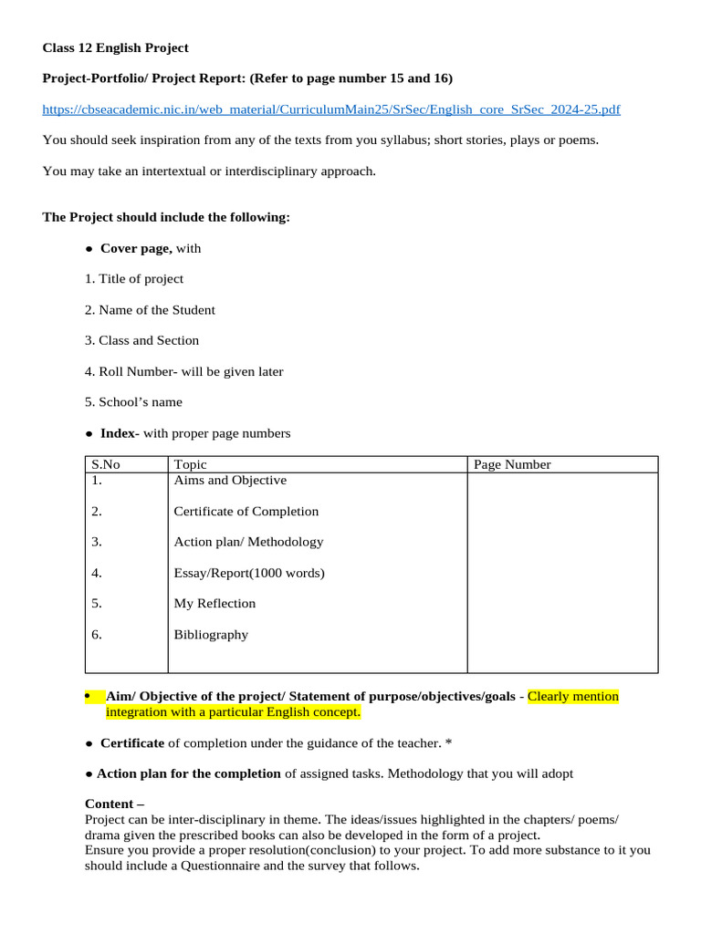 Class 12 English Project Guidelines | PDF | Essays | Methodology