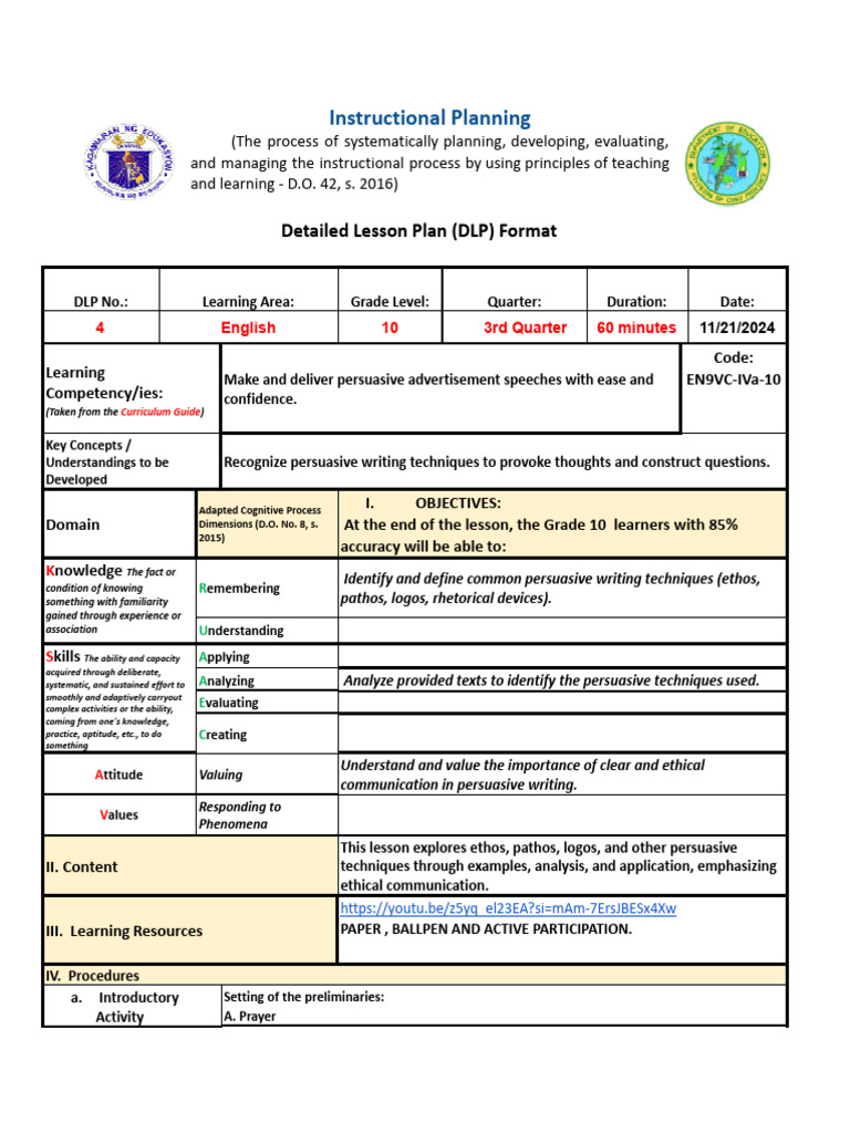 DLP #4 - PERSUASIVE WRITING TECHNIQUES | PDF | Learning | Cognition