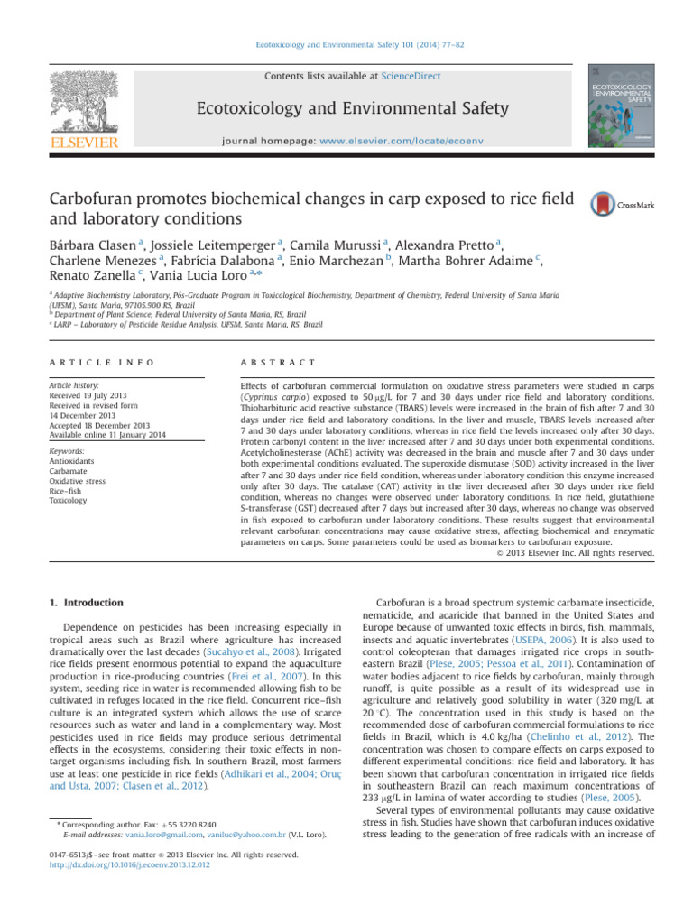 Carbofuran Promotes Biochemical Changes in Carp Exposed To Rice Field ...