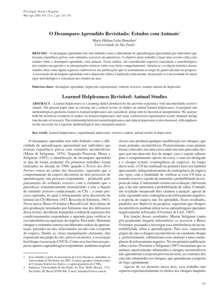 Hunziker (2005) - Desamparo Aprendido | PDF | Aprendizado | Comportamento