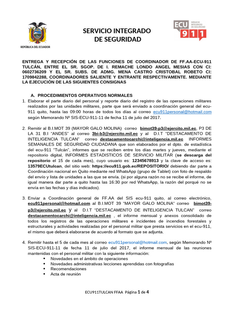 1 - Acta de Relevo Ecu-911 Tulcan 10-04-2018 | PDF