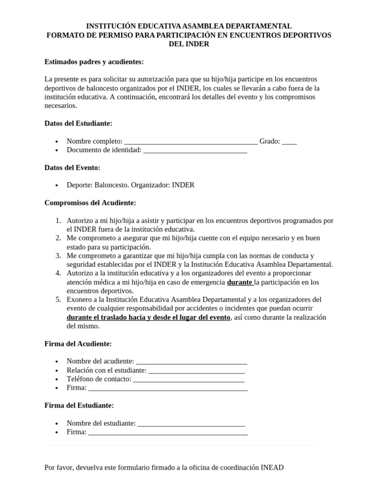 Formato de Permiso INDER Baloncesto | PDF