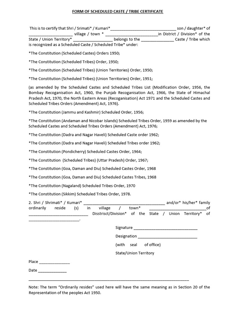 SC ST Certificate Format | PDF | Dalit | Government Of India