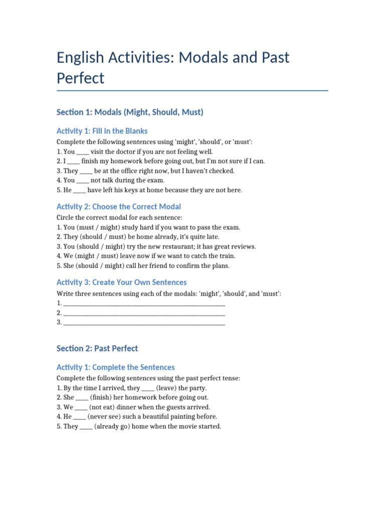 English Activities Modals and Past Perfect | PDF