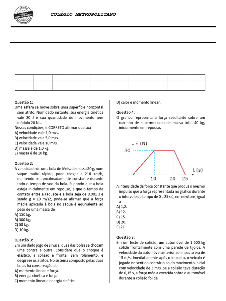 Impulso e Quantidade de Movimento 1EM - 2024 | PDF | Iniciativa/Conjuntura | Colisão