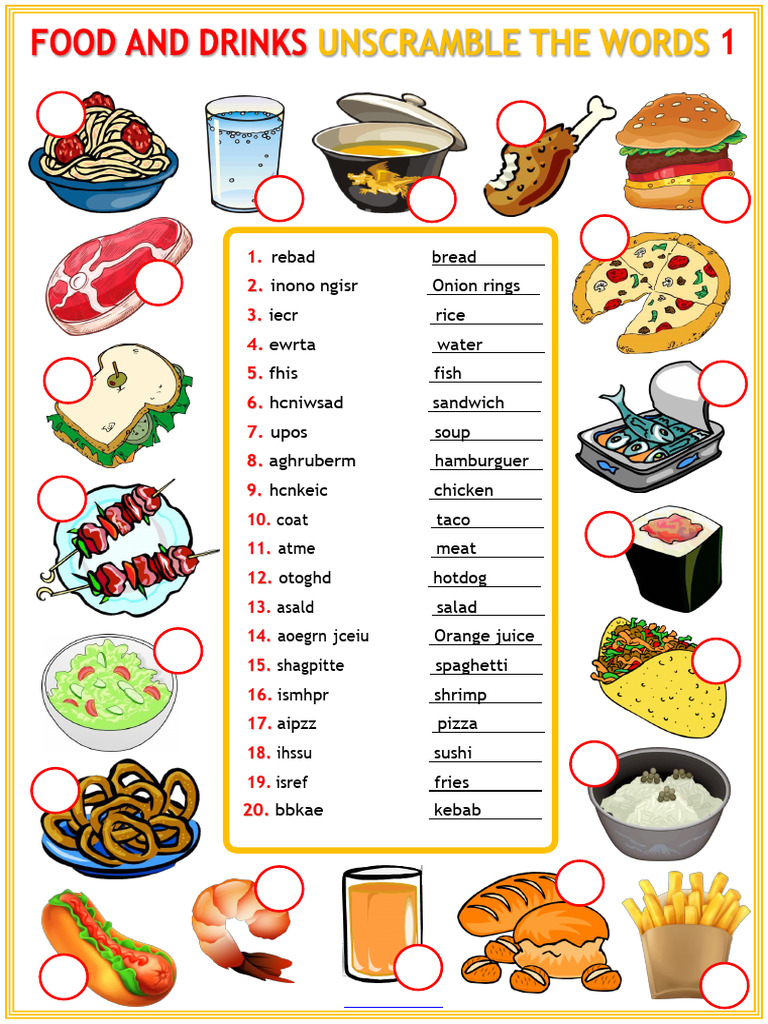 Food and Drinks Vocabulary Esl Unscramble The Words Worksheets For Kids ...