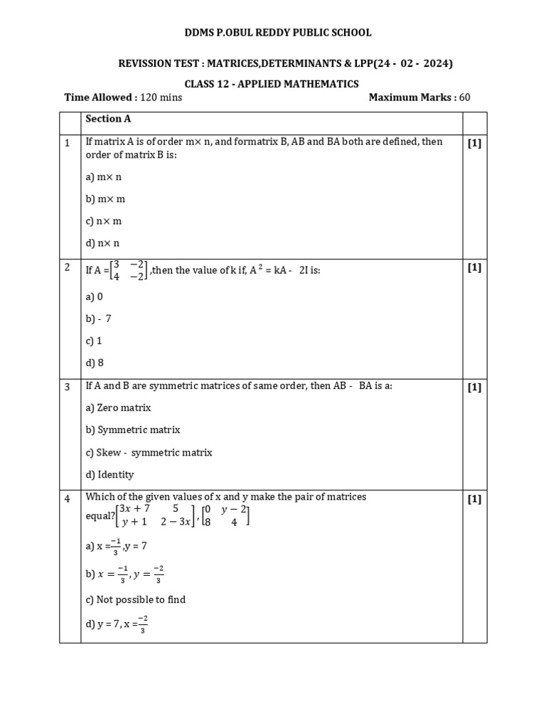 Matrices - Determinants - LPP | PDF | Matrix (Mathematics) | Determinant