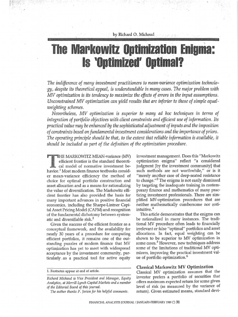 Markowitz Optimization Enigma: Is Optimized Optimal? | PDF