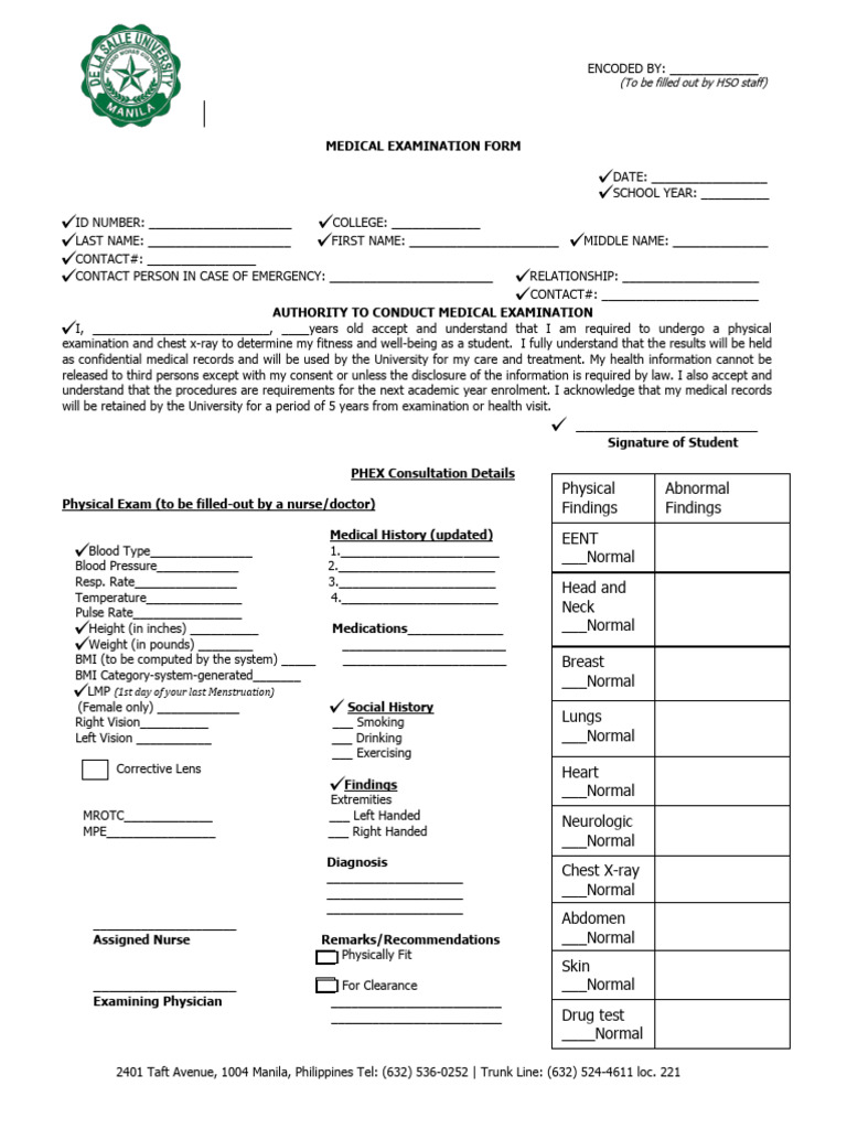 Medical Examination Form - BALDADO | PDF | Physical Examination ...