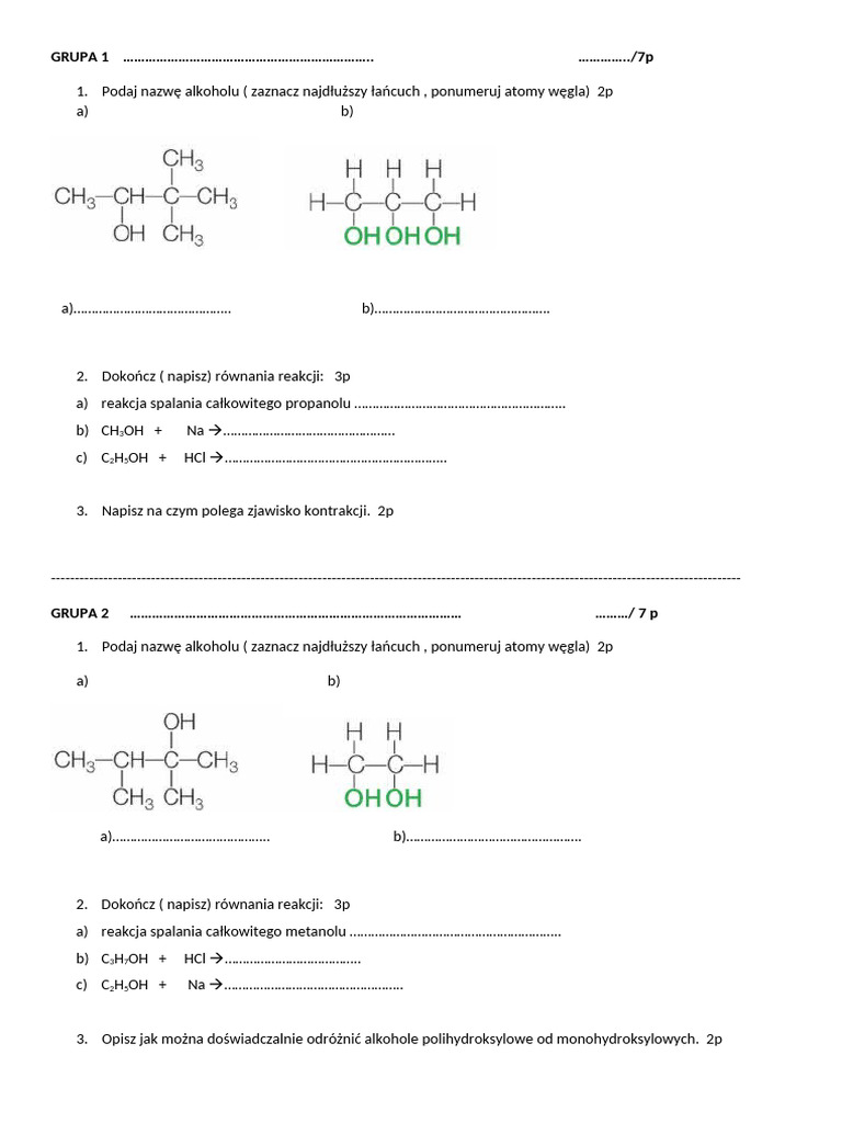 Alkohole - Kartkówka | PDF
