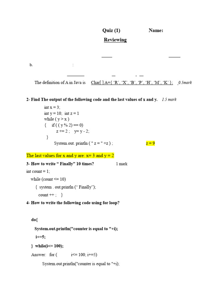 Quiz1 Solution Java Pdf
