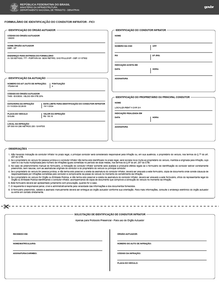 Identificação de Condutor Infrator 7455 | PDF