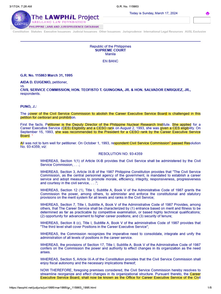 G.R. No. 115863 Eugenio Vs Civil Service Commission | PDF | Policy | Audit