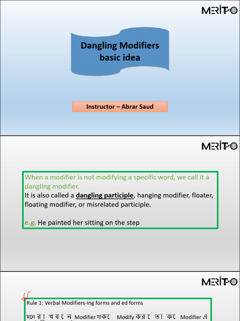 Dangling Modifiers Guide | PDF | Verb | Linguistics