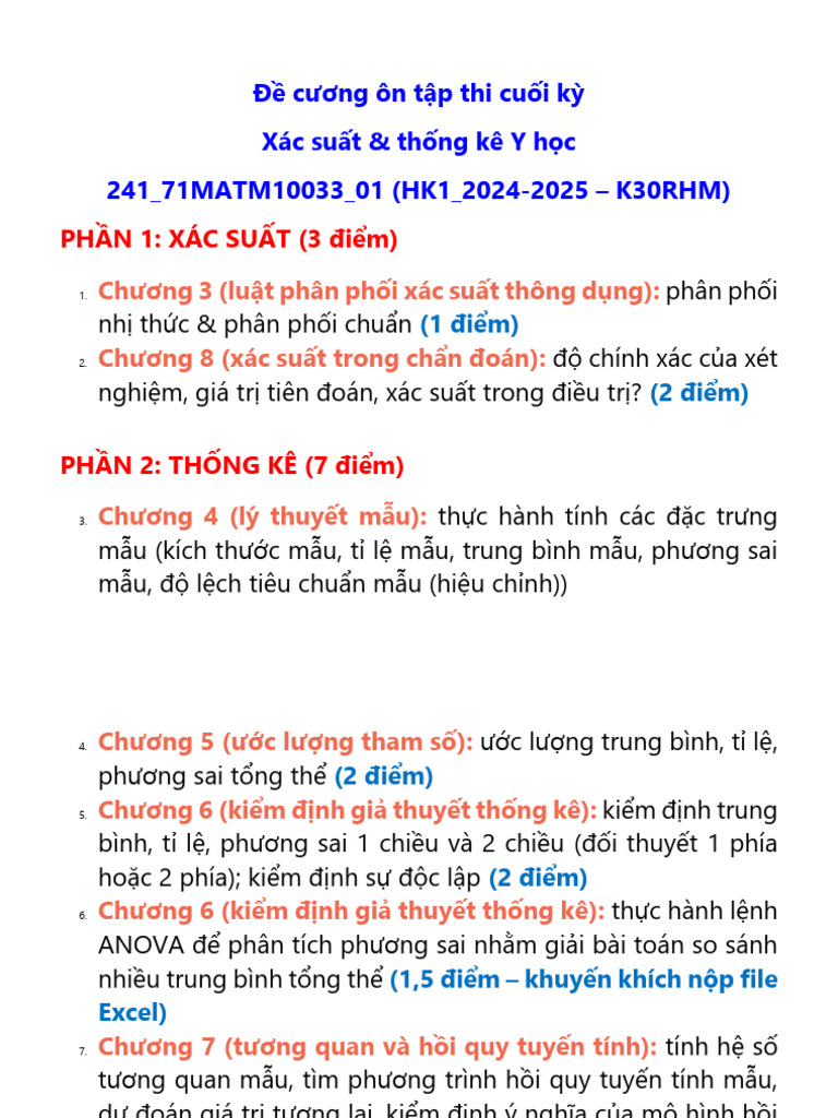 De Cuong On Tap Thi Cuoi Ky - XSTK y Hoc - HK1 - 2024-2025 - 71matm10033 - K30RHM | PDF