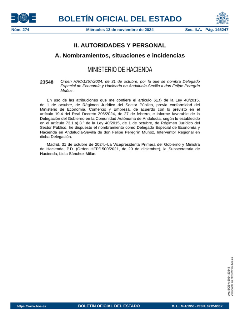 Disposición 23548 Del BOE Núm. 274 de 2024 | PDF