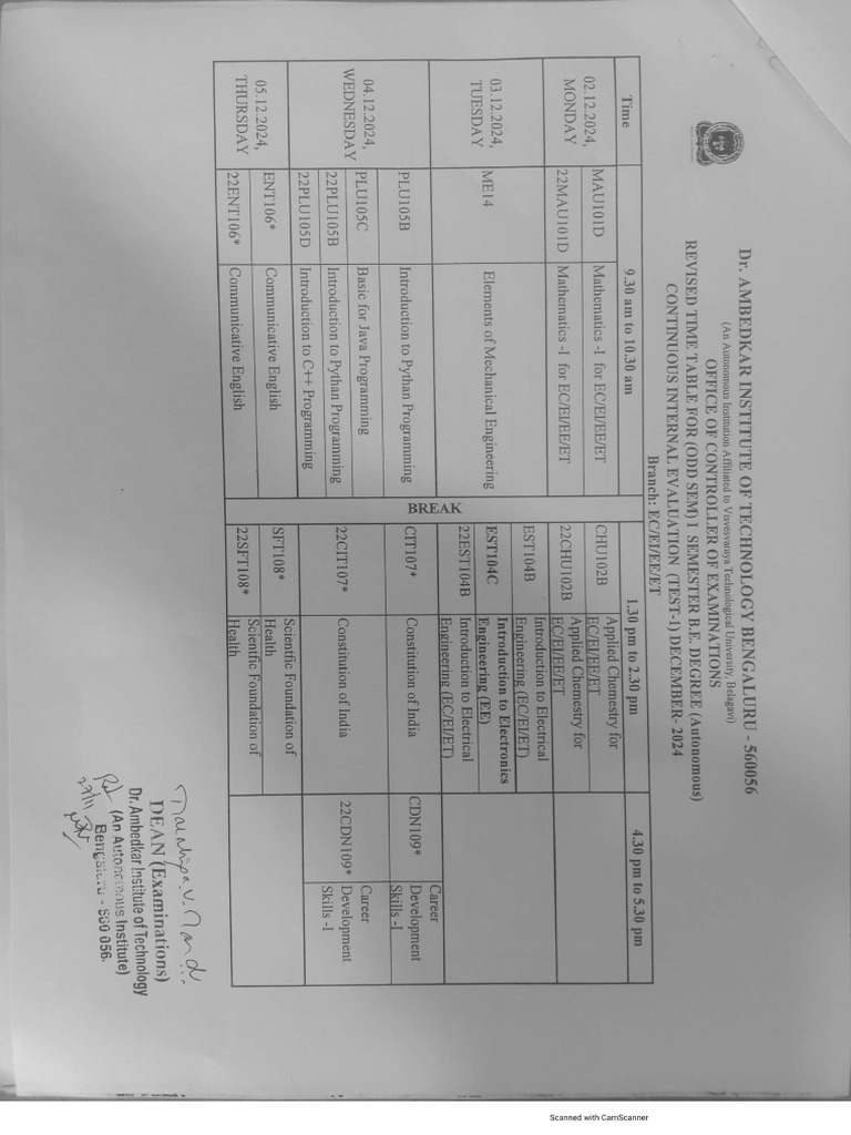 Revised First Semester Time Table For Cie 1 | PDF