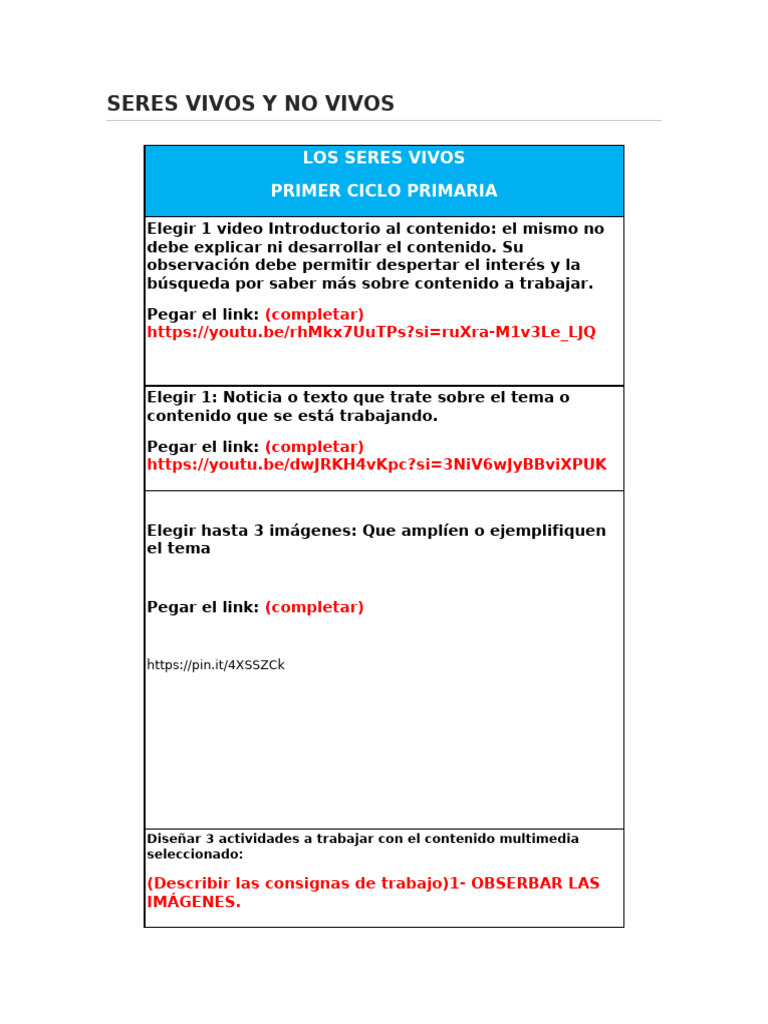 Seres Vivos vs No Vivos: Actividades Primaria | PDF