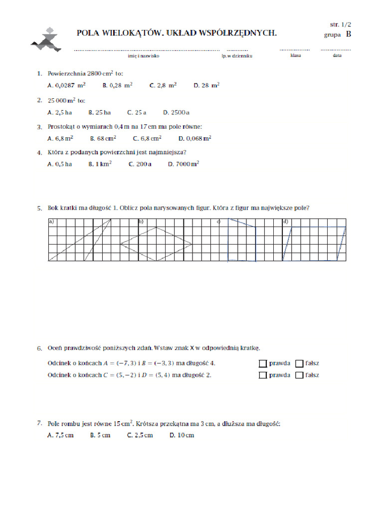 Pola Wielokä Tã W Sprawdzian B | PDF