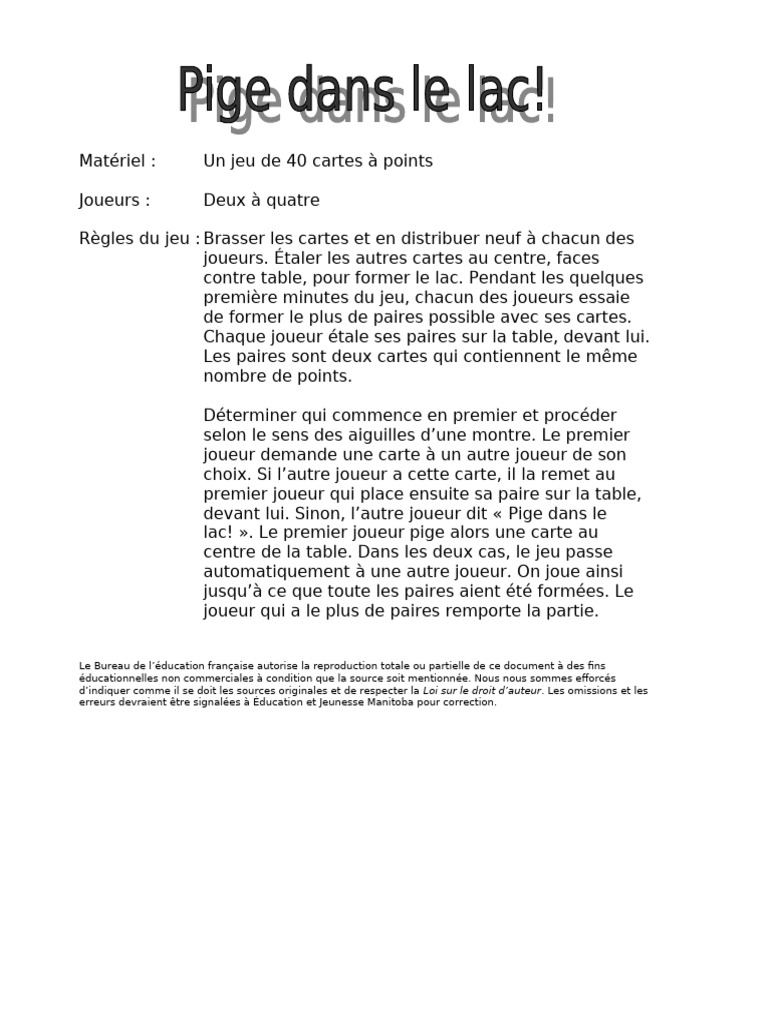 Règles du jeu Pige dans le lac | PDF