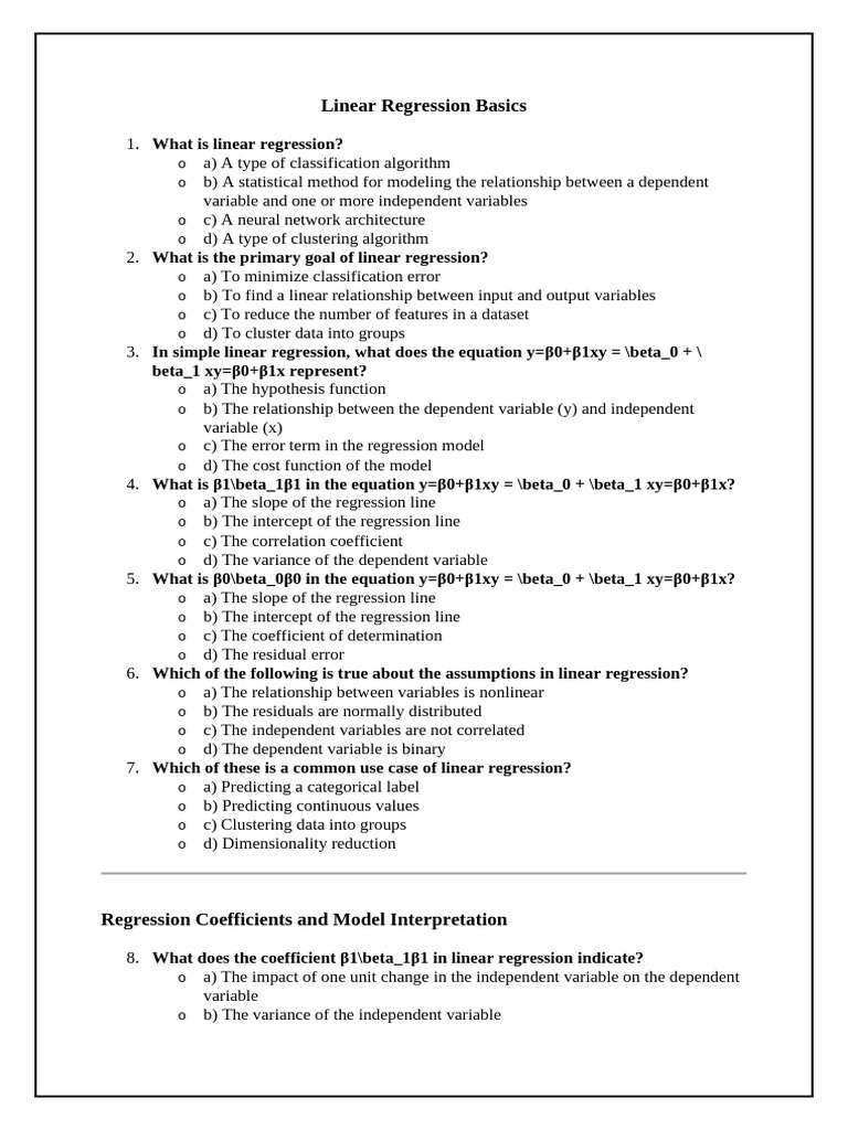 Linear Regression Basics QUIZS | PDF | Regression Analysis | Linear Regression