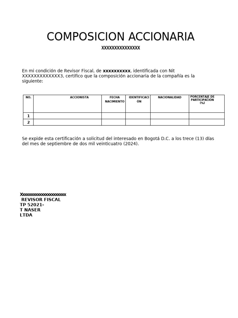 Modelo Certificado Composicion Accionaria | PDF